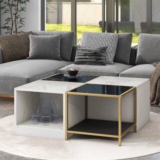 2-Layer Coffee Table with Metal Frame,High Gloss White Marble Finish ...
