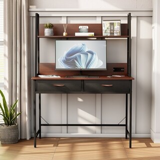 Computer Desk Writing Table w/ Power Outlets, Drawers and Storage Shelf ...