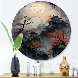 Designart "Red Moonset Raven Cry Japon II" Japon Landscape Metal Round ...
