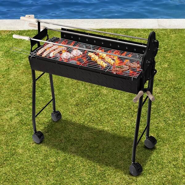 Outsunny Portable Rotisserie Charcoal BBQ Grill w/ Skewers and Wheels ...