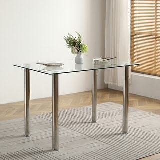Rectangular Tempered Glass Dining Table with Cylindrical Legs - Bed ...