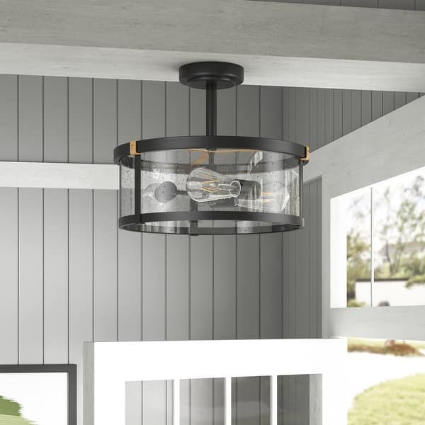 Farmhouse Black 3-Light Semi Flush Mount Ceiling Lighting Fixture with Cylinder Seeded Glass ...