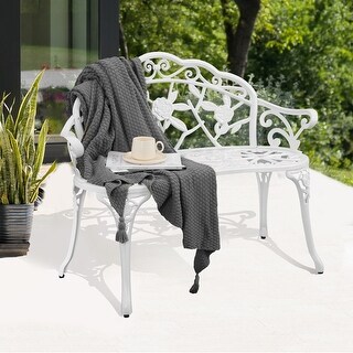 Patio Outdoor Bench, White Cast-Aluminum Garden Benches Metal Loveseat ...