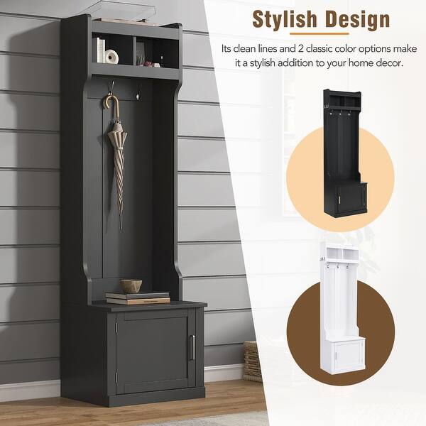 Black Slim Hall Tree - Compact Modern Cabinet with 6 Hooks and Storage ...