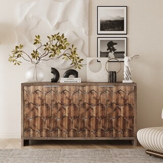 Sideboard with Textured Hexagon Doors, Multifunctional Wooden Buffet ...