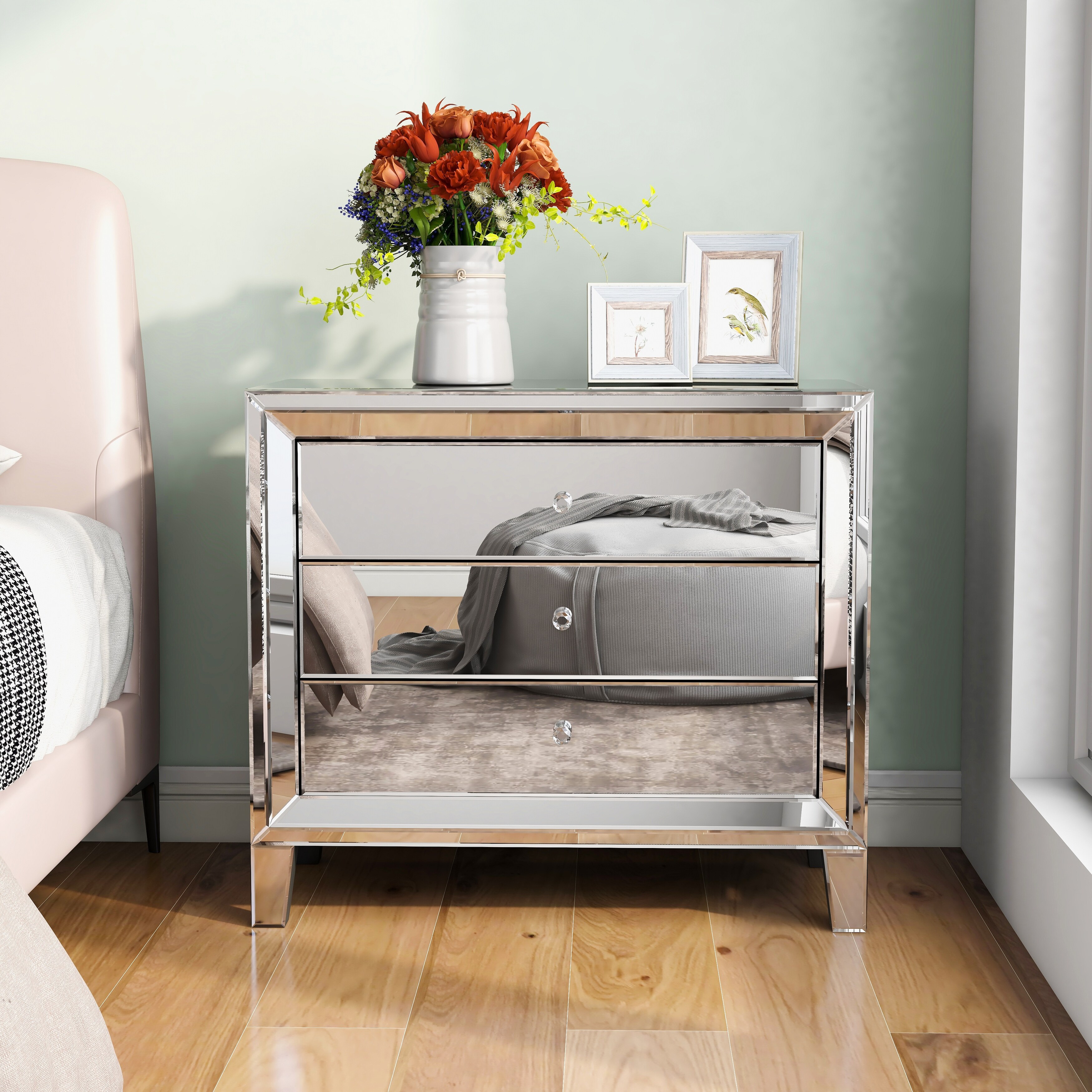 Glam Mirror Nightstand Bedside Table with 3 Drawer Chest Bed Bath Beyond 39801654