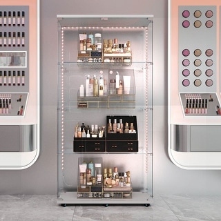 Tempered Glass Display Cabinet with LED Lights and Locking Doors - Bed ...