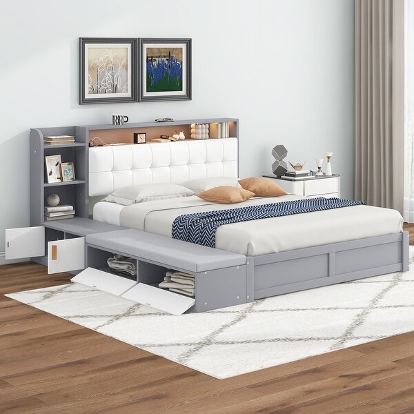 Queen Size Platform Bed Frame with Upholstery Headboard and Storage Shelves and USB Charging On Sale Bed Bath Beyond 40159987