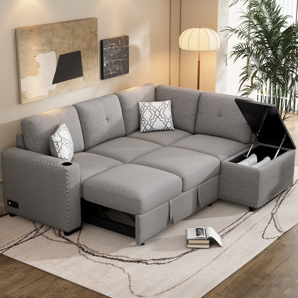 83.8 Reversible Sectional Pull Out Sofa Bed L Shaped Corner Sofa Couch with Storage Chaise USB Ports Power Sockets Bed Bath Beyond 39456357