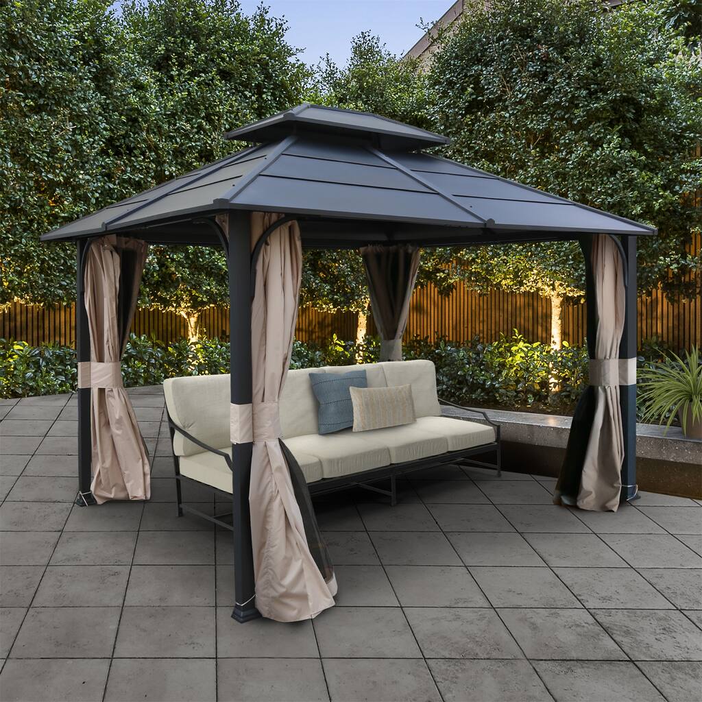 12 ft x 10 ft 2-Tier Double Roof Metal Hard Top Gazebo with Curtains ...