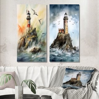 Designart "Ocean Watchtower" Beach Wall Art Set Of 2 Green Nautical ...