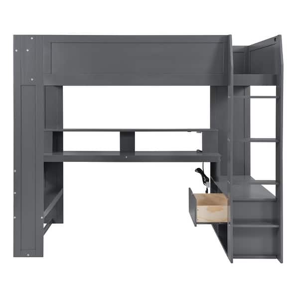 LED Wood Full Size Gaming Loft Bed with Desk and Charging Station - Bed ...