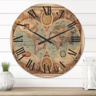 Designart 'Ancient Map of The World X' Vintage Wood Wall Clock - Bed ...