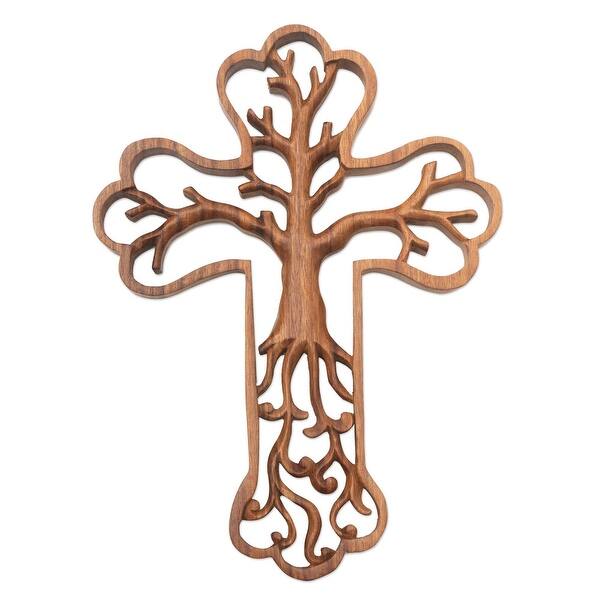 Wood relief panel, 'Tree Cross' - 15.75" H x 11.5" W x 0.8" D - Bed ...