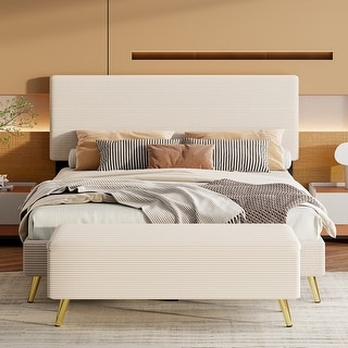 Platform Bed and Bench Set of 2, Modern Queen Size Upholstered Bed ...