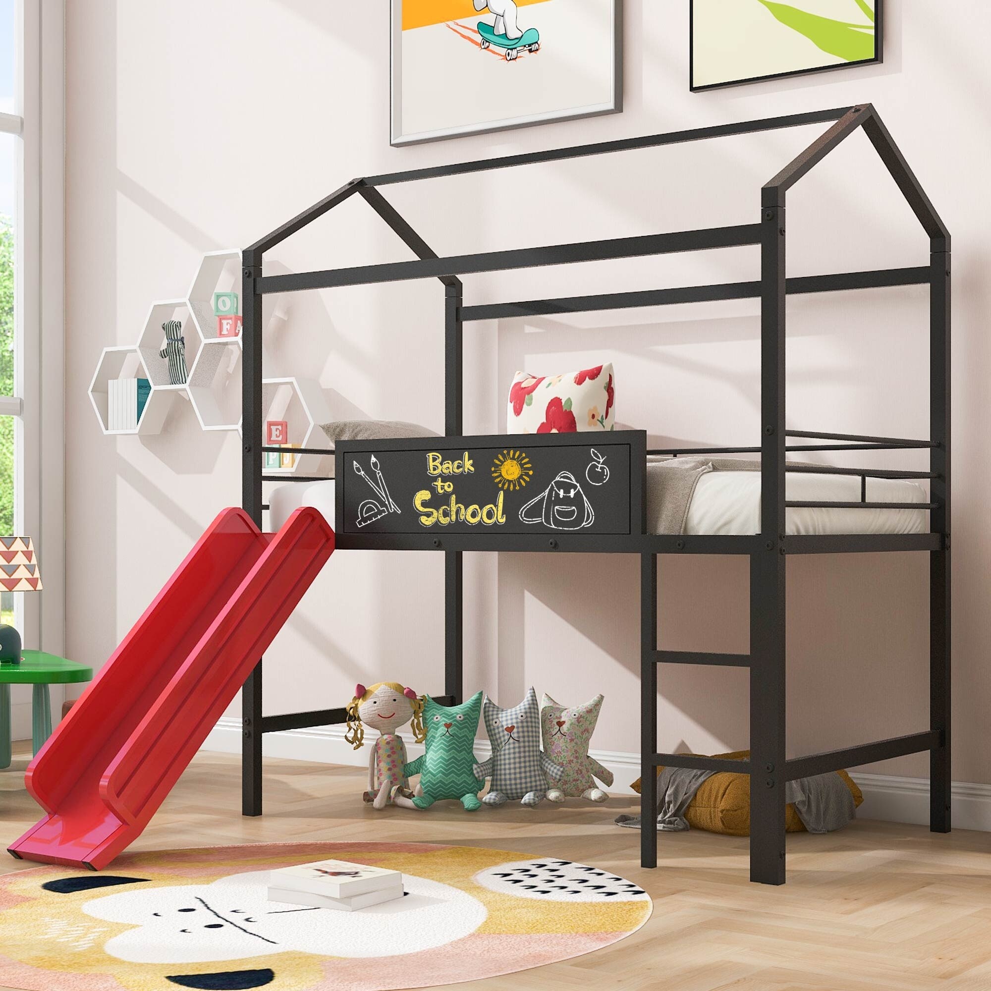 Red Twin Metal House Loft Bed with Slide Writing Board Ladder Roof