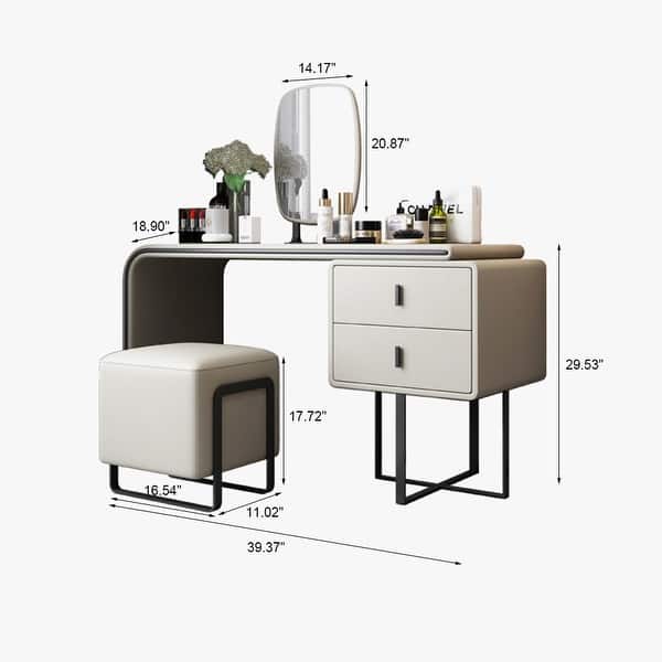 Makeup Vanity Table with PU Leather,Mirror & Upholstered Stool - Bed ...