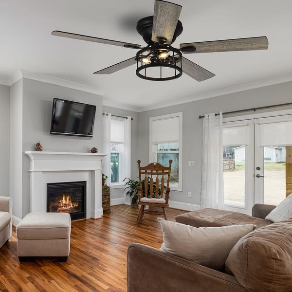 52 Inch Black Flush Mount Ceiling Fan with Lights Remote Control - Bed ...