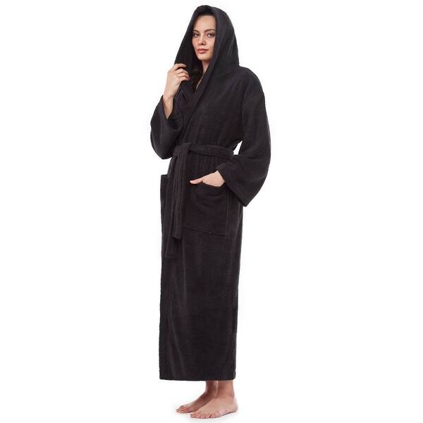 Women's Hooded Long Bathrobe Terry Cotton - Full Ankle Length Spa Robe ...