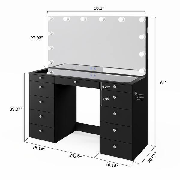 Extra Large Makeup Vanity | LED Mirror, Bluetooth, 11 Drawers & Glass ...