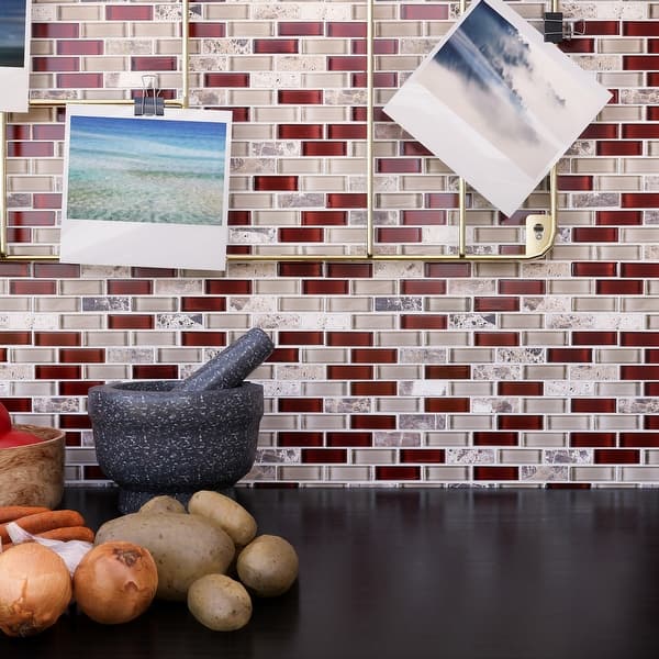TileGen. Small Brick 1/2" x 2" Glass Tile in Cherry/Beige Wall Tile (10 ...