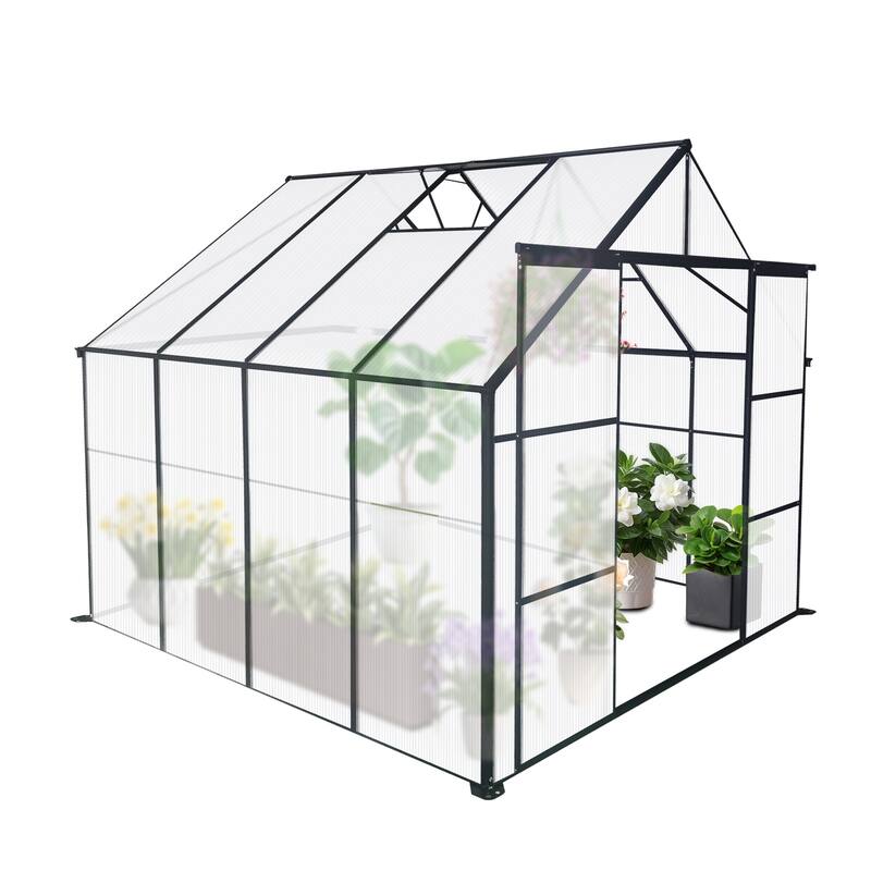 8x8 FT Double Door Polycarbonate Greenhouse Raised Base and Anchor Aluminum Heavy Duty Walk-in ...