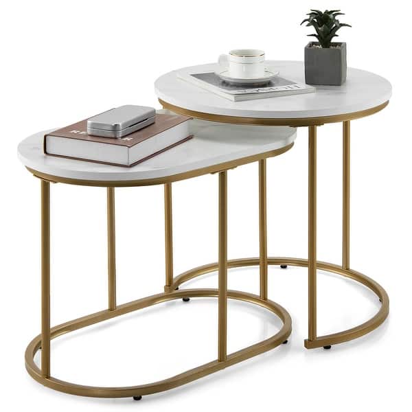 Costway Nesting Coffee Table Modern Set of 2 Marble Coffee Side Table ...