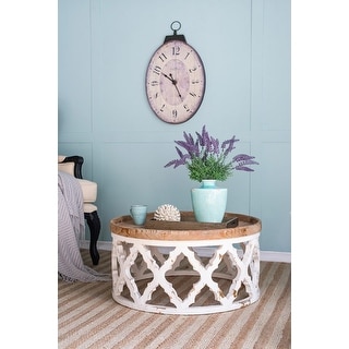 Wooden Coffee Table Round White End Table with Lattice Patterned Base ...