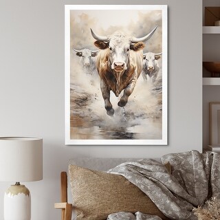 Designart "Beige Cattle Stampede" Cattle Framed Wall Art Living Room ...
