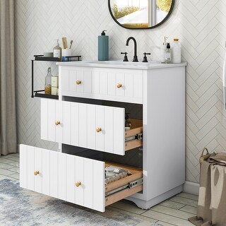 30-Inch Bathroom Vanity Storage Cabinet with 2 Drawers & Ceramic Basin ...