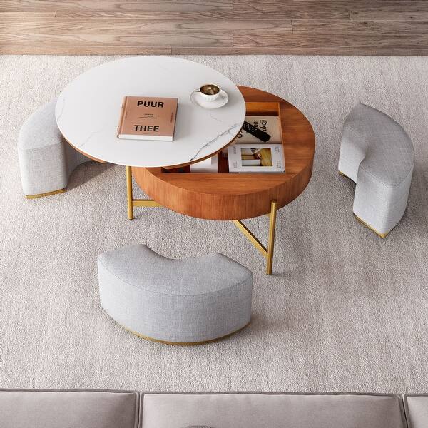 Moasis Lift-top Round Coffee Table with 3 Nesting Stool and Hidden ...