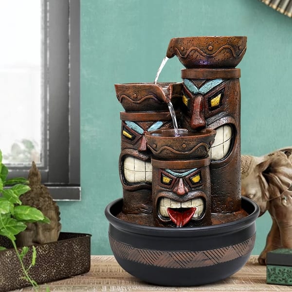 Indoor Tabletop Tiki Water Fountain w/Light - 3-Tier Waterfall Feature ...