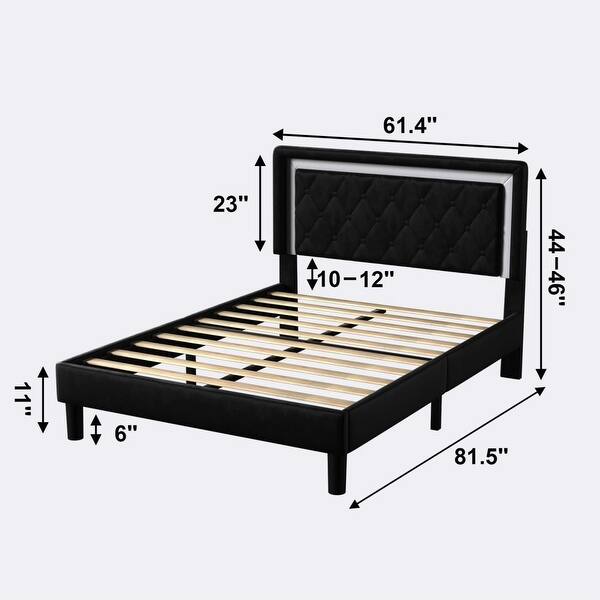Black Bed Frame with Upholstered Headboard and Wooden Slats Support ...