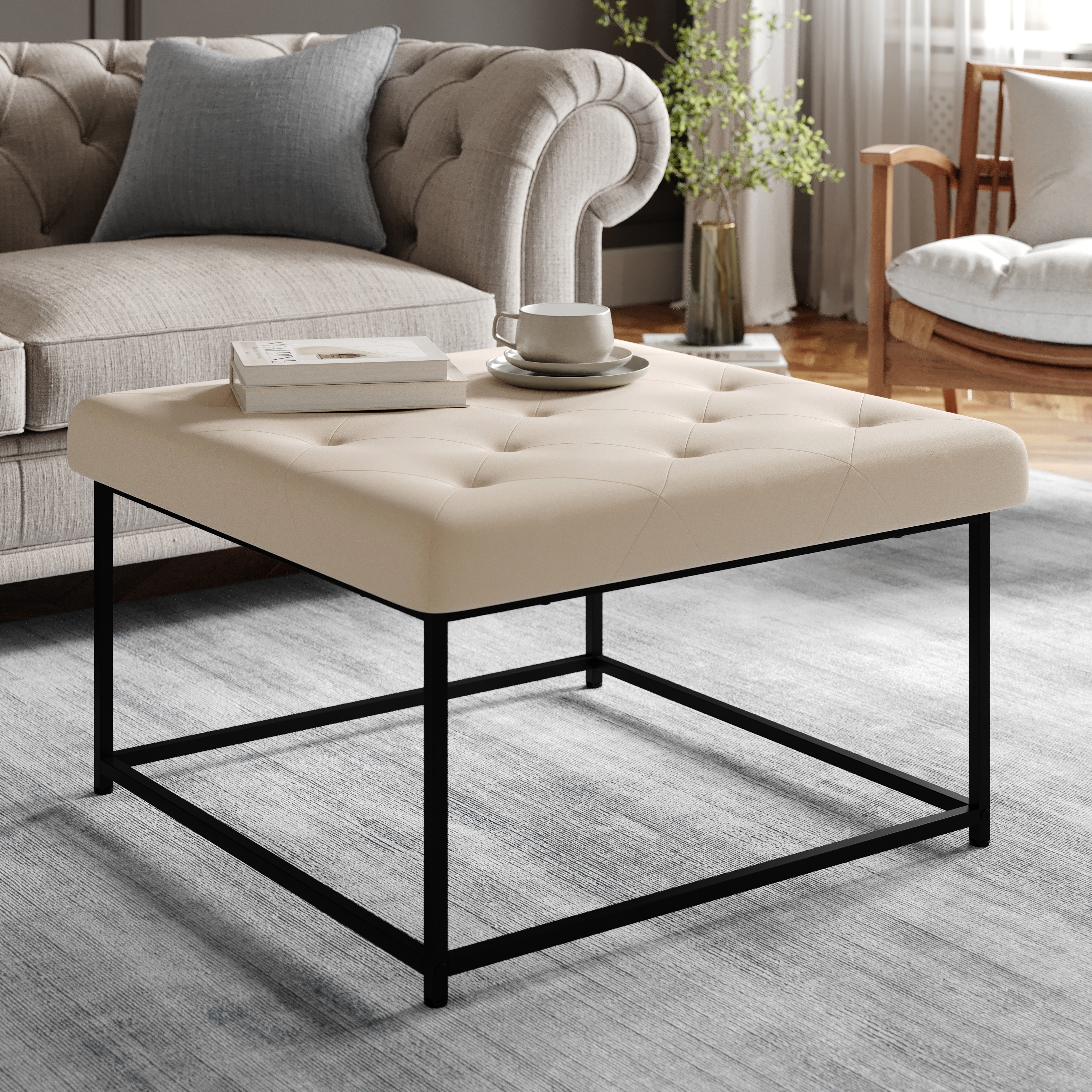 Square Upholstered Tufted Ottoman with Black Metal Frame Light Brown