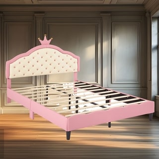 Full Size Princess Bed with Dreamy Crown Headboard, Soft PU Leather ...