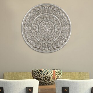 Round Shape Wooden Wall Panel with Ornate Carvings, Washed White - Bed ...
