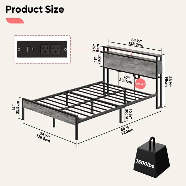 Metal Bed Frame Platform Bed with Storage Headboard LED Lights and ...