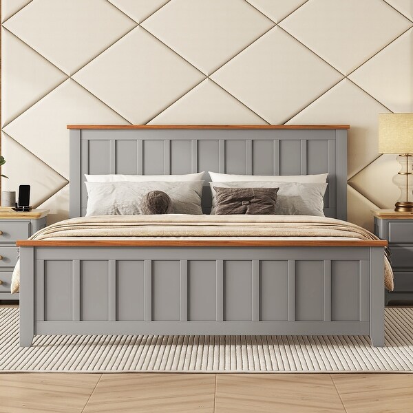 Queen Size Wood Platform Bed Frame with Headboard and Footboard Vintage Simple Bed Full with Wooden Slat Support Grey