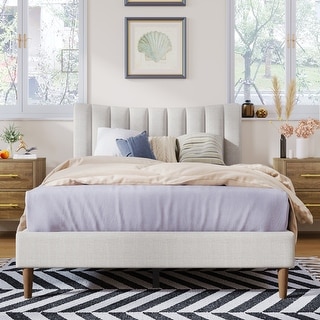 Linen Upholstered Platform Bed with Vertical Channel Tufted Headboard ...