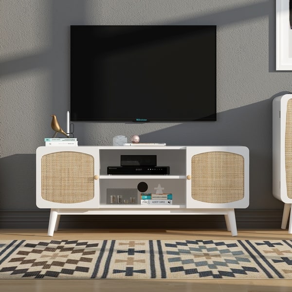 Boho-Style TV Console with Rattan Door, 135lb Load Capacity, Adjustable ...