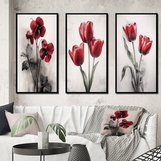 Designart "Red Violets Dreamer I" Floral Framed Wall Art Set Of 3 Frame ...