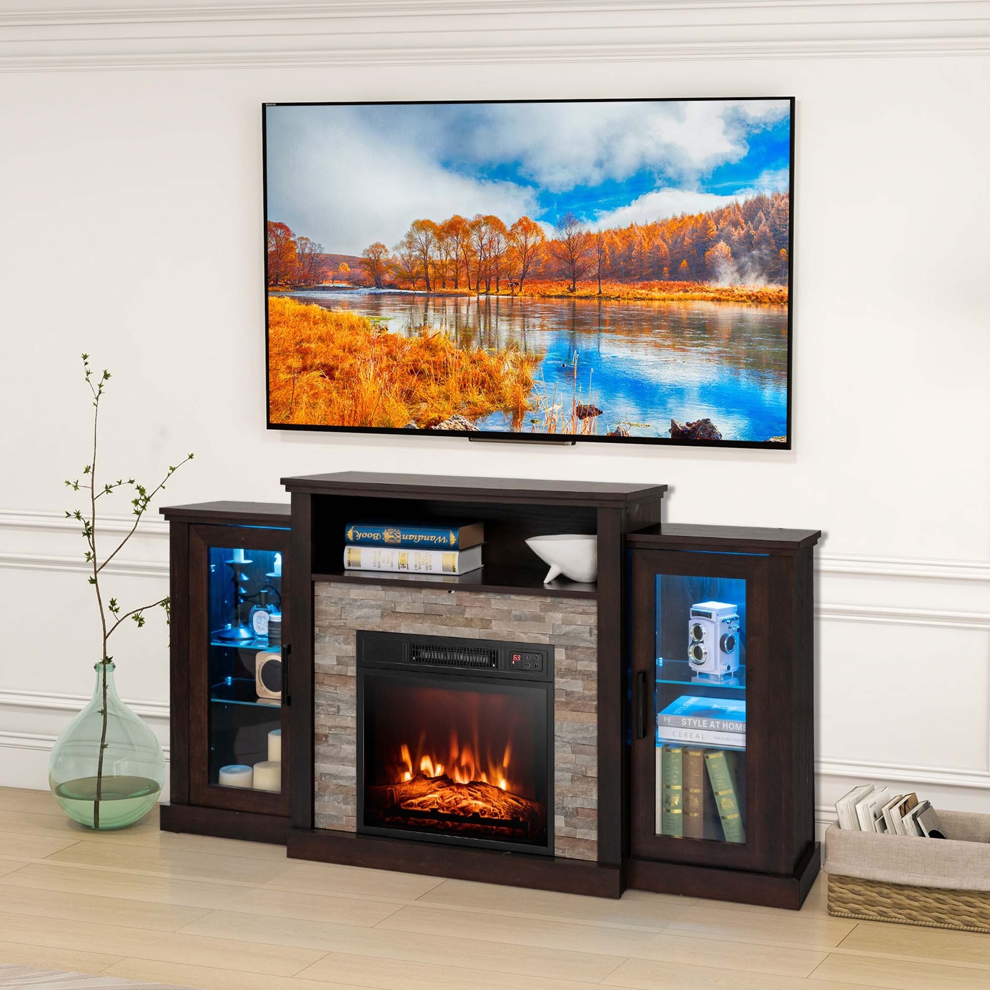 Fireplace TV Stand &Fireplace for TV up to 65'' Brown/Black/White - On ...