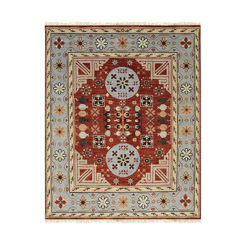 Rust Hand Knotted Wool Traditional Rug 8' x 10' - Khotan Weave Low Pile ...