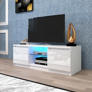 White TV Stand with Lights; Modern LED TV Cabinet with Storage Drawers ...