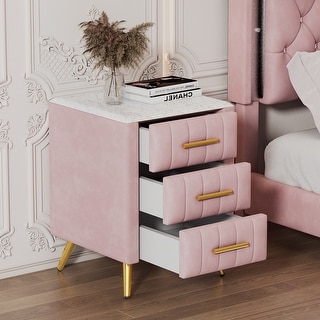 Soft Padded Wooden Bedside Table with Three Drawers and Handles, Pink ...