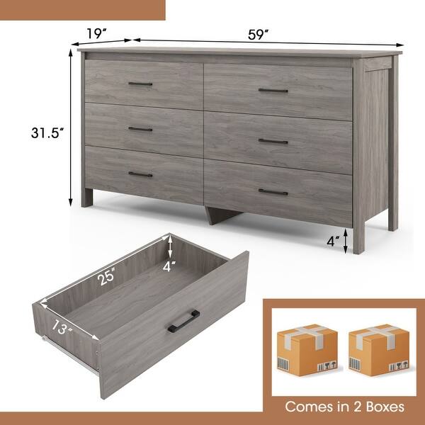 6-Drawer Wide Dresser Chest with Center Support and Anti-tip Kit-Gray ...