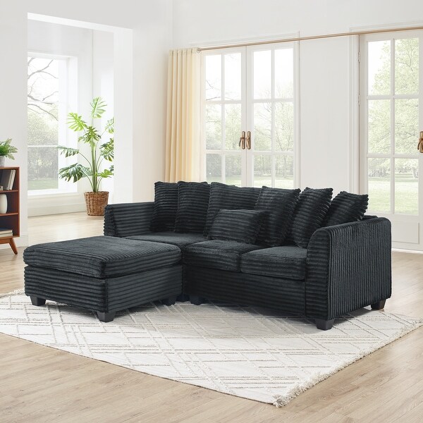 L Shaped Sectional Sofa Set Black Corduroy Tufted Upholstered Couch with Movable Ottoman and Pillows for Living Room