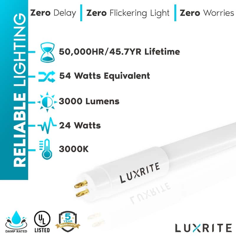 Luxrite 30-Pack 4FT T5 LED Tube Lights 24W=54W 3000K Soft White Ballast ...