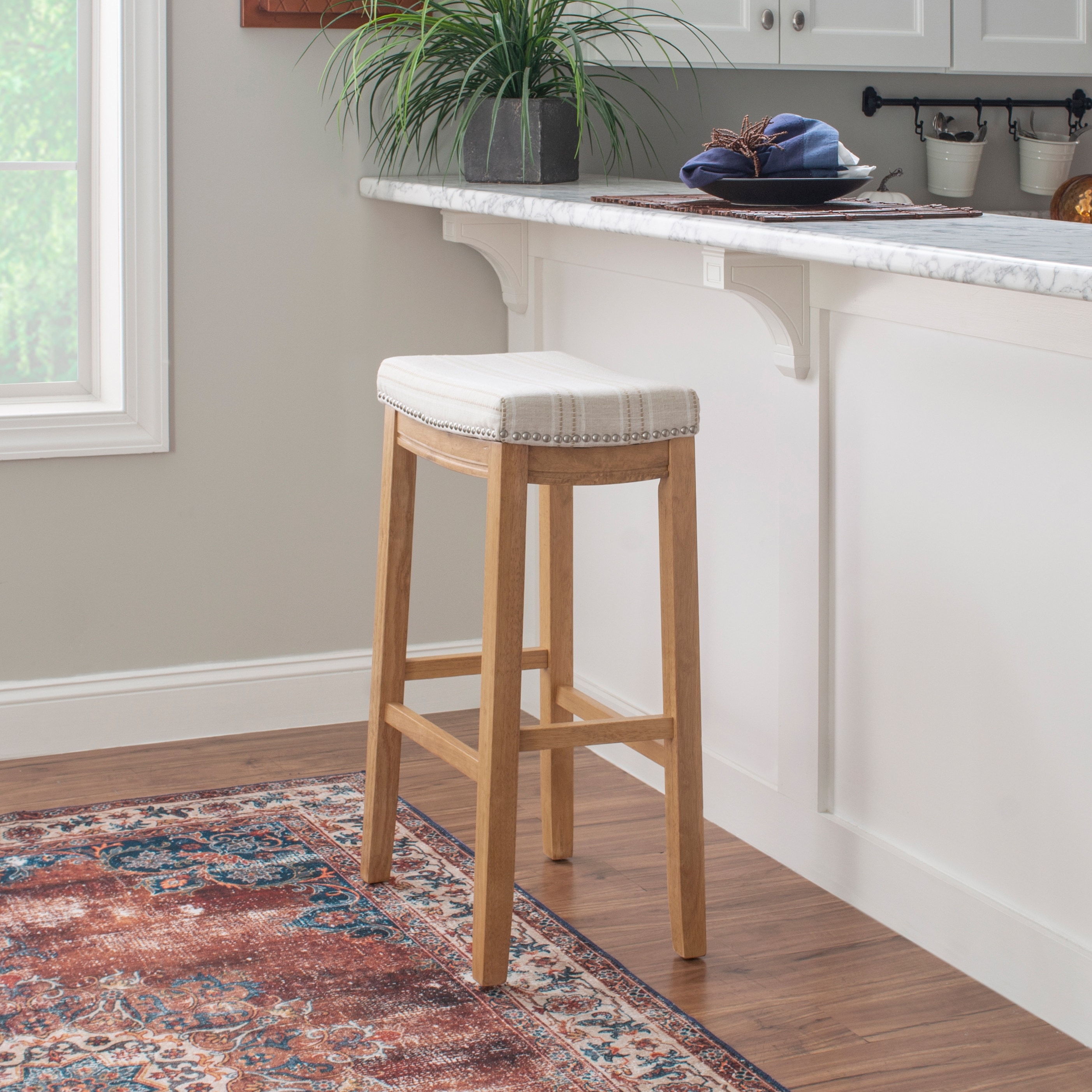 Sherry Natural Rustic Farmhouse Backless Striped Bar Stool - Bed Bath ...