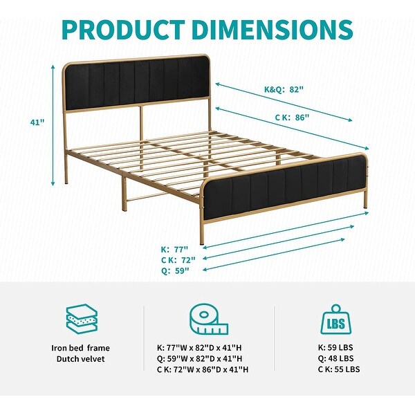 Mixoy Metal Platform Bed Frame with Dutch Velvet Headboard Clearance Bed Frame Upholstered Headboard Metal Strip Support On Sale Bed Bath Beyond 37216017